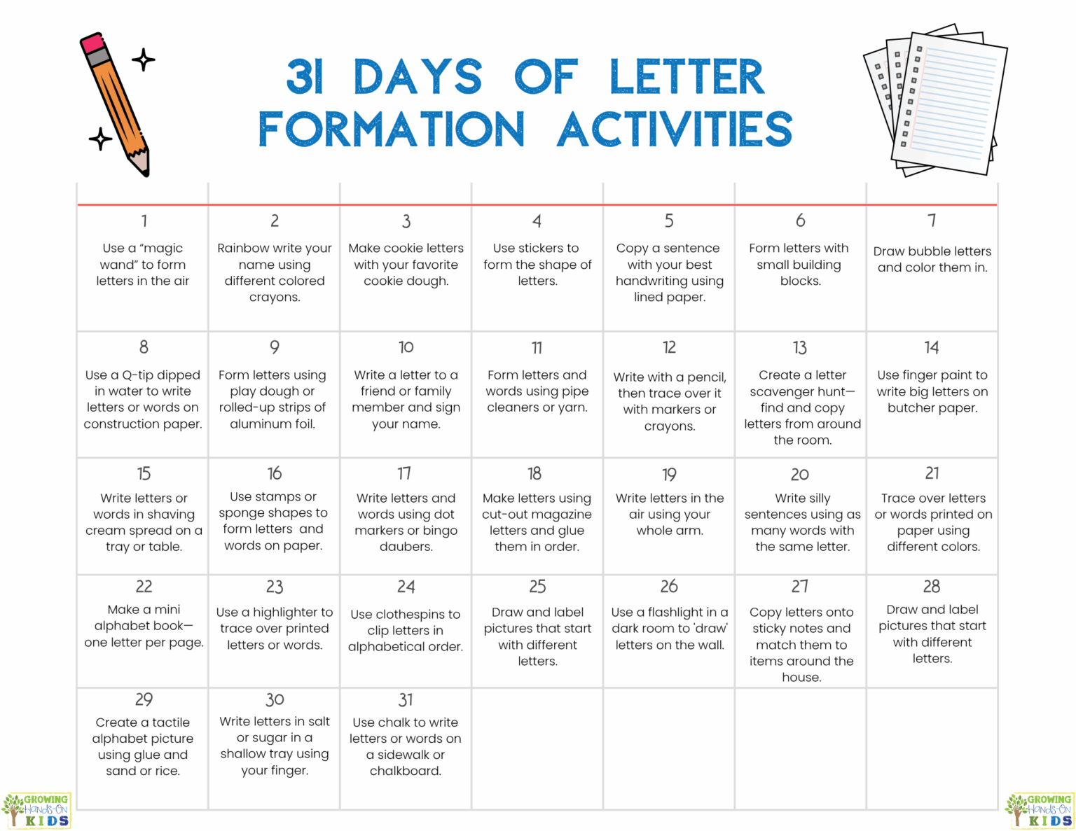 31 Days of Letter Formation Activities - Instant Download! - Growing ...