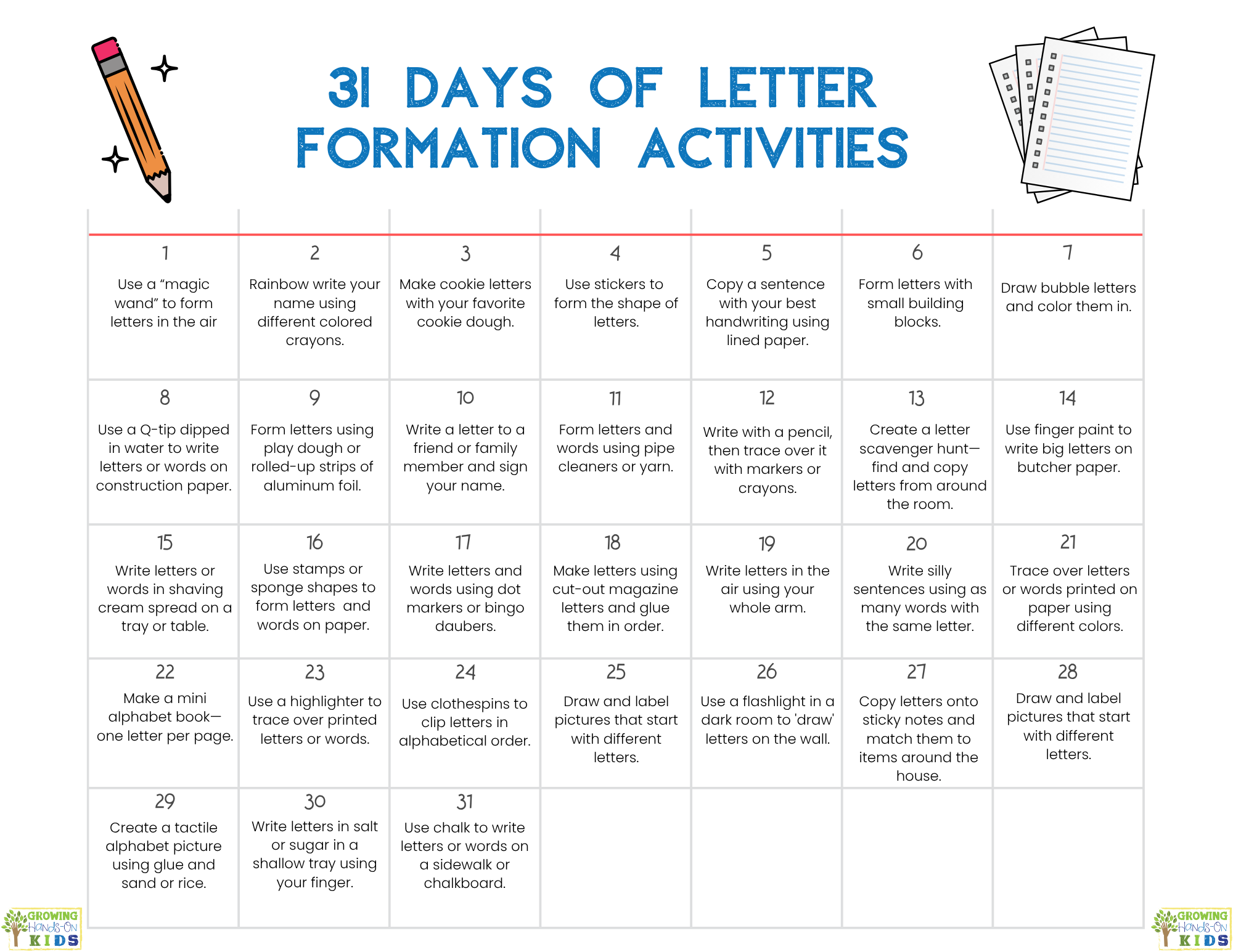 31 Days of Letter Formation Activities - Instant Download! - Growing ...